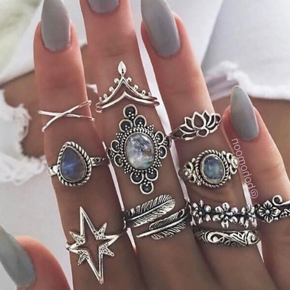 Jewelry | 11piece Retro Finger Ring Set Boho Crown Star Silver Carved ...